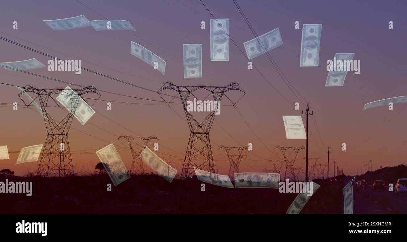 Falling dollar bills image over power lines at sunset Stock Photo - Alamy