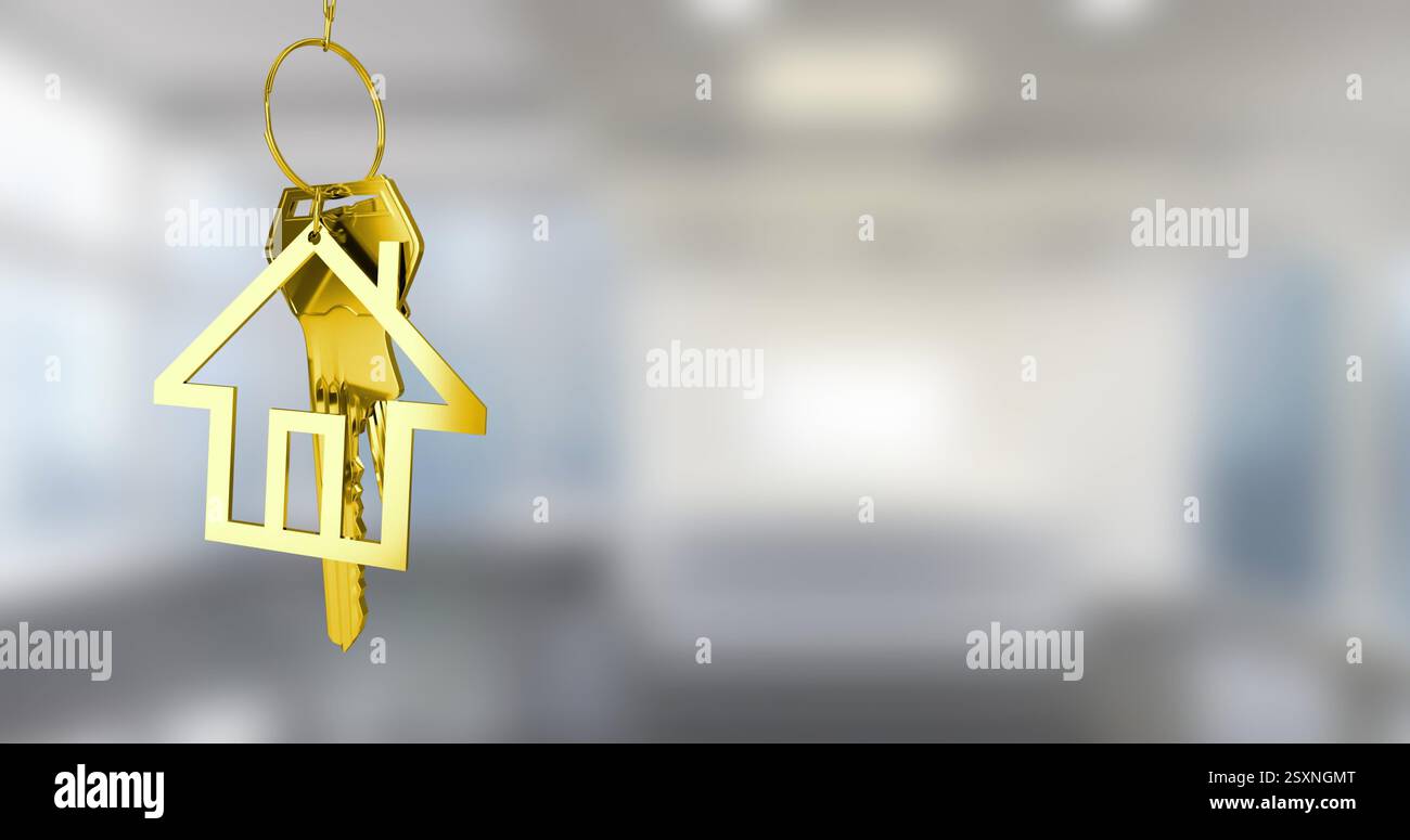 Golden house-shaped keychain image over blurred modern interior ...