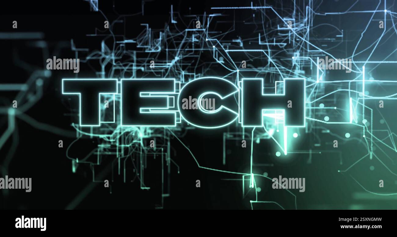 TECH text with glowing lines and circuits, futuristic digital image ...