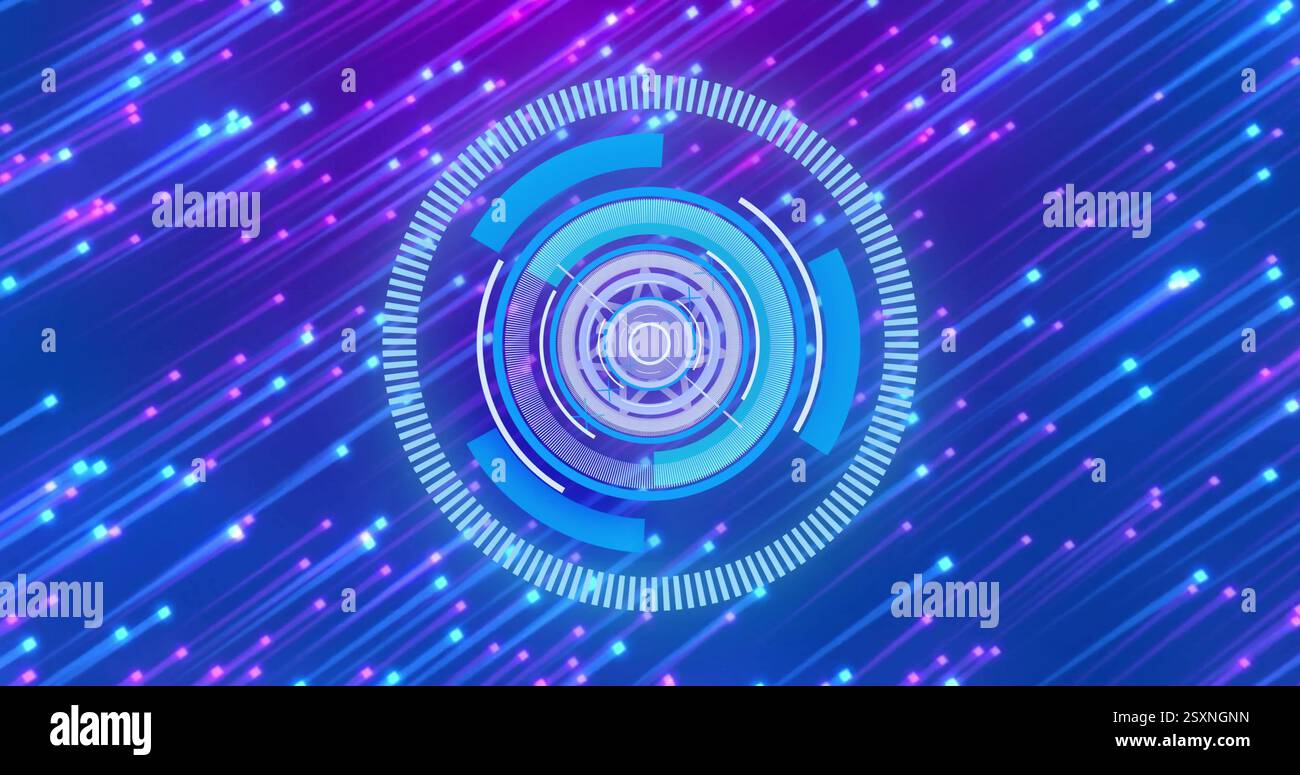 Rotating blue and purple digital interface image over dynamic light ...