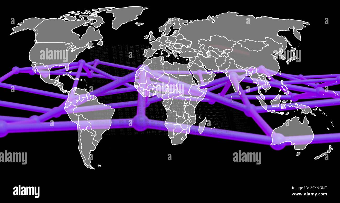 Global network connections image over world map with purple lines Stock ...