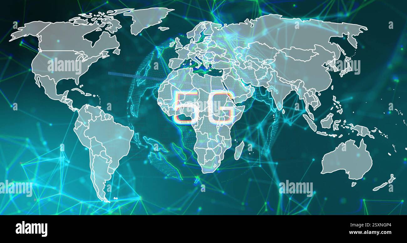 5G network connectivity image over world map with digital connections ...