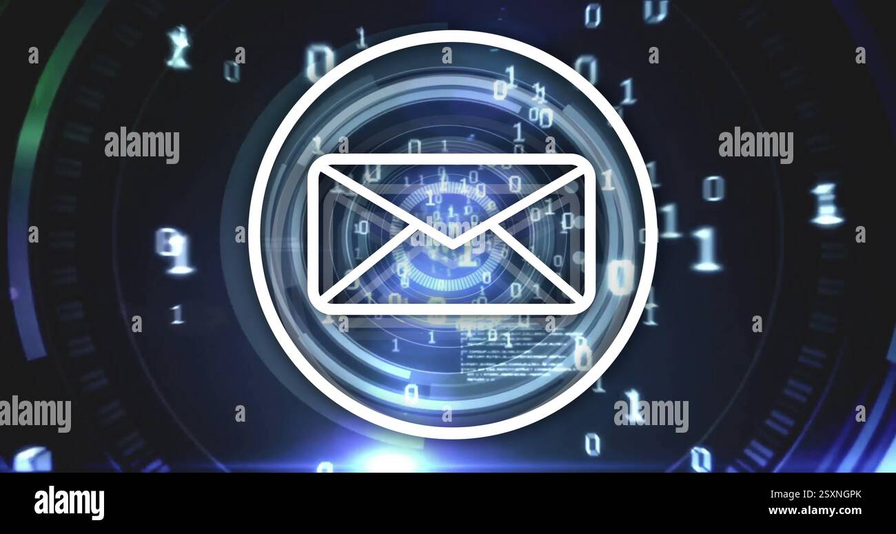 Email icon and digital data processing image over futuristic interface ...