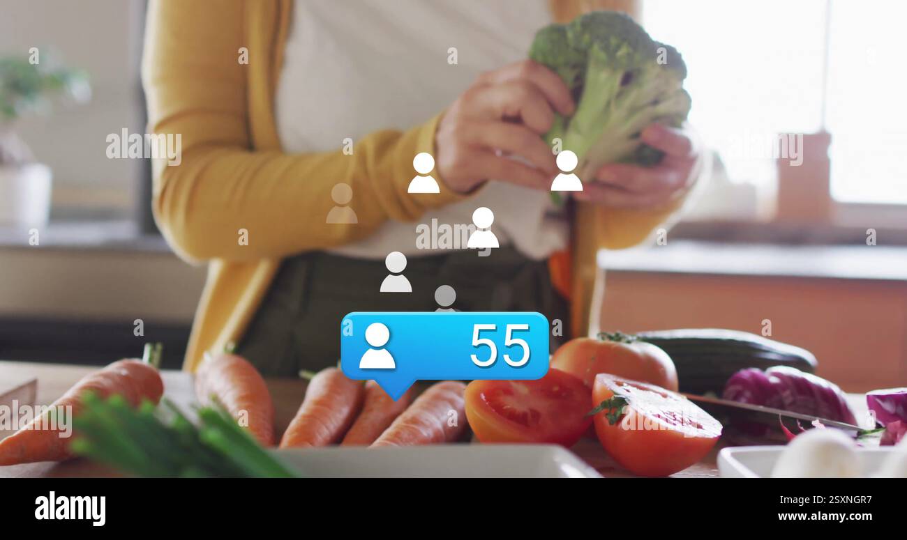Preparing vegetables, social media follower count image over kitchen ...