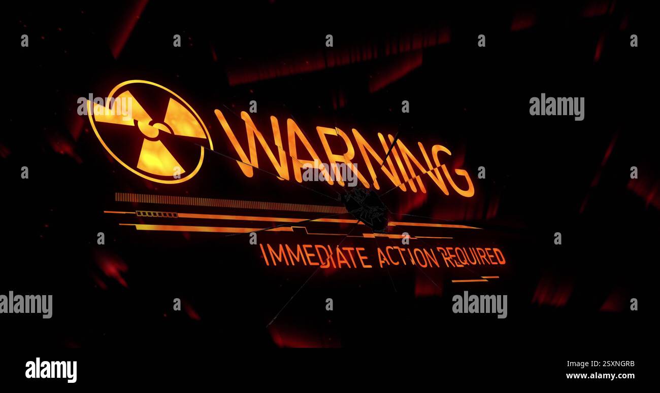 Warning and immediate action required text image with radiation symbol ...