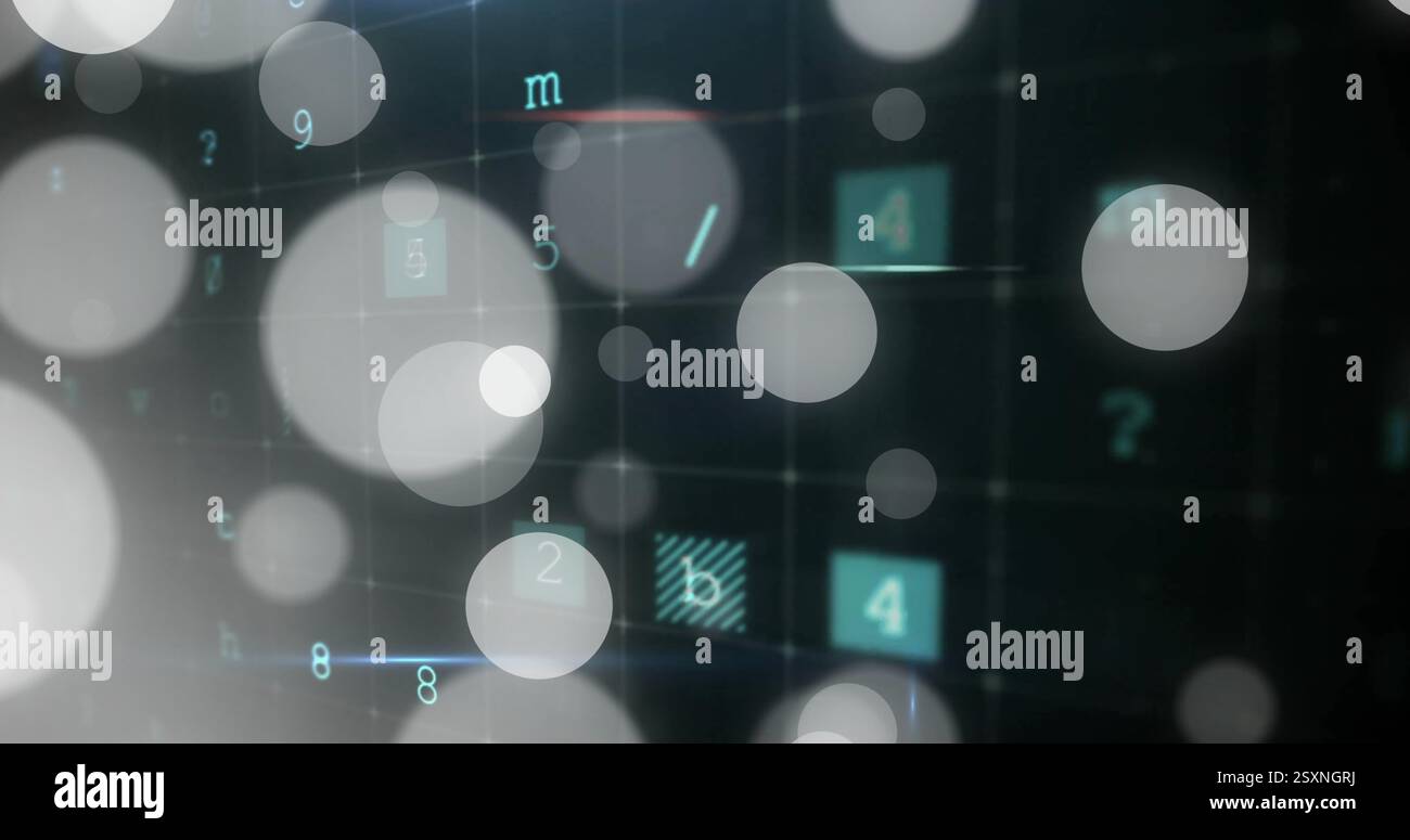 Floating bokeh lights image over digital grid with letters and numbers ...