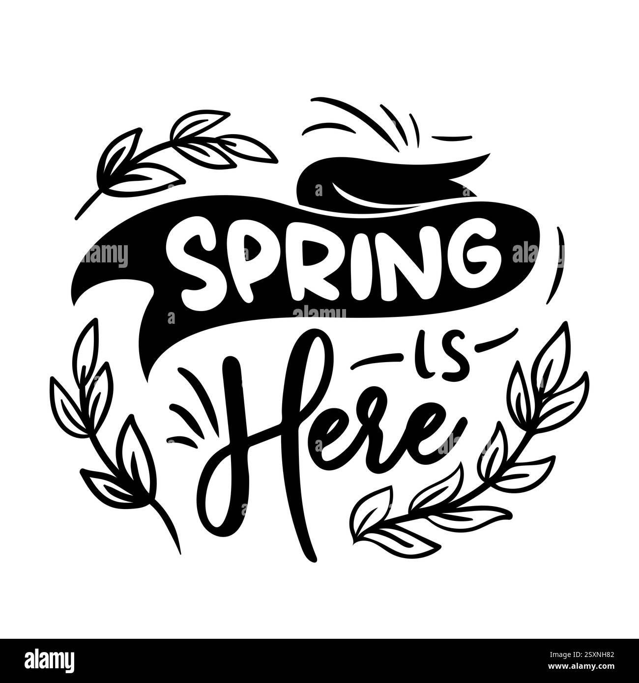 Beautiful vector illustration with Spring is Here lettering, adorned ...