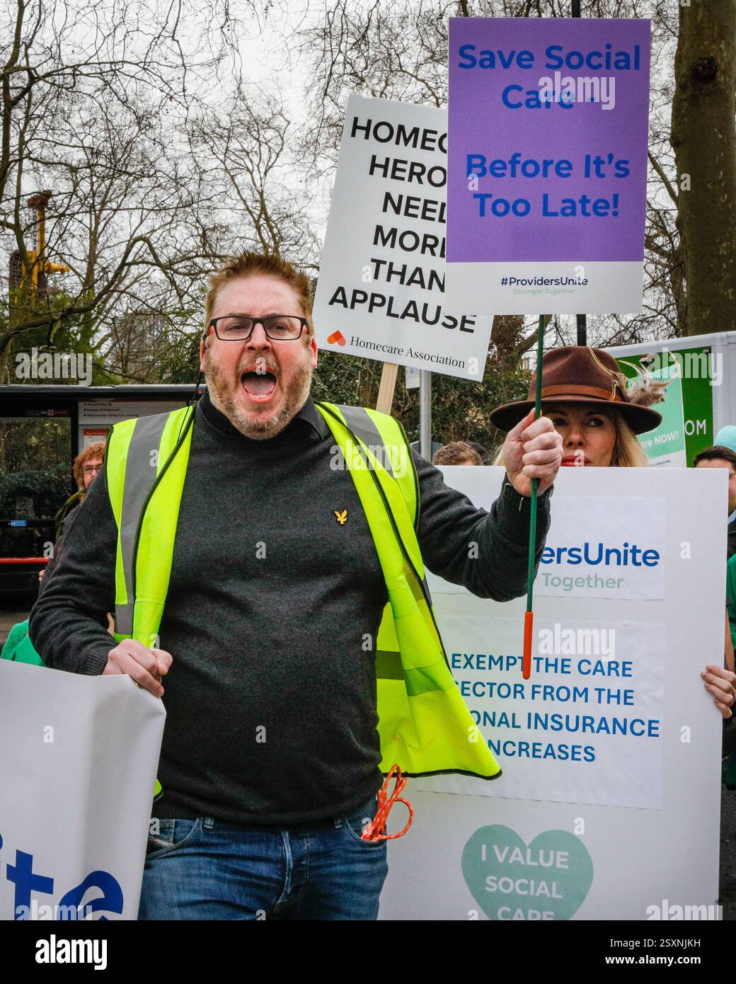 London, UK. 25th Feb, 2025. Protesters rally. The 'Providers Unite ...