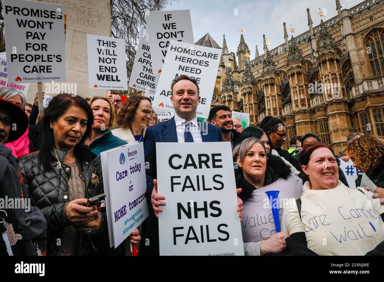 London, UK. 25nd Feb 2025. Protesters rally. The 'Providers Unite ...