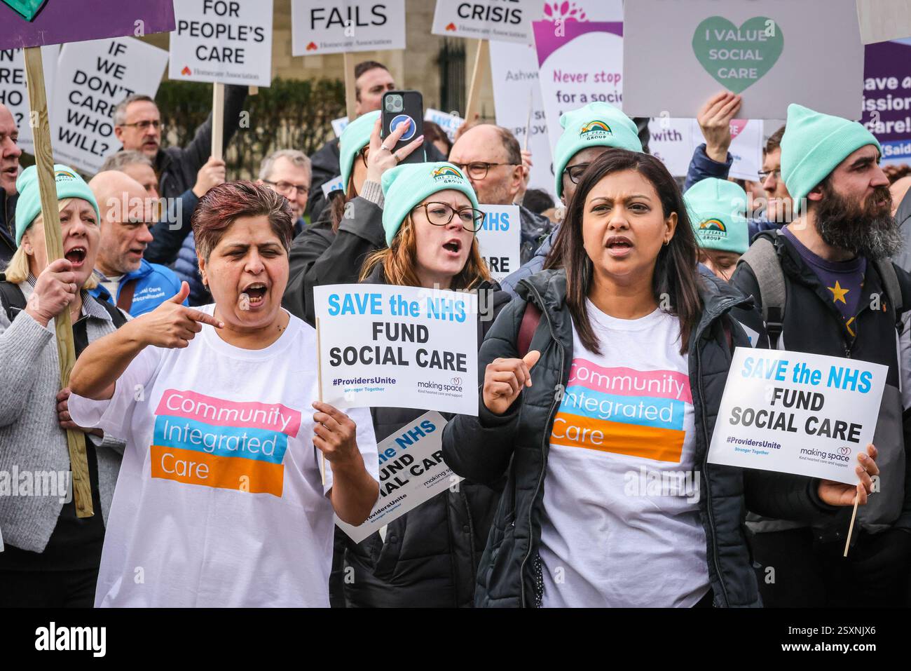 London, UK. 25nd Feb 2025. Protesters rally. The 'Providers Unite ...