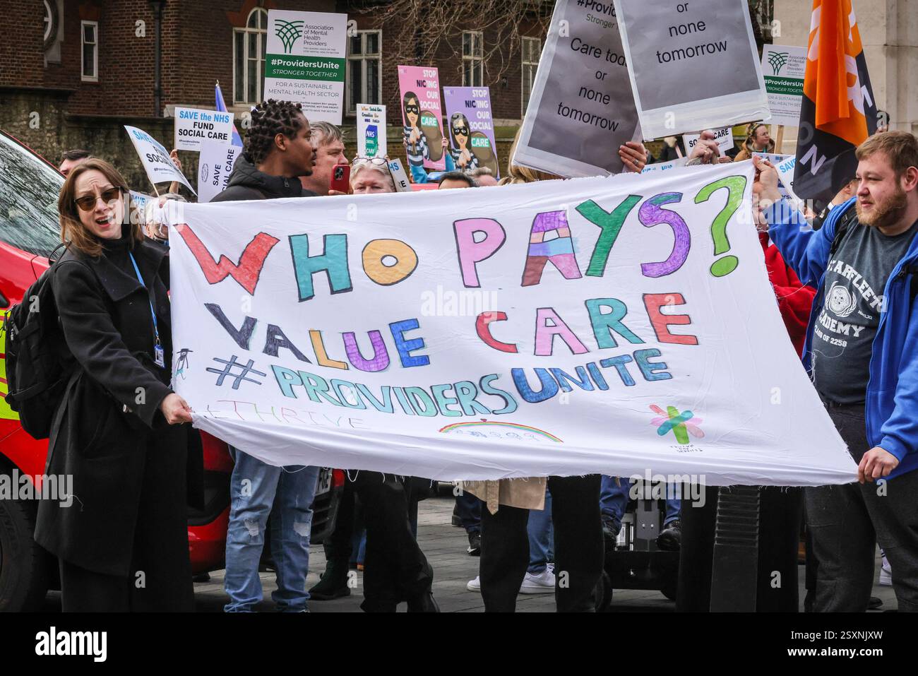 London, UK. 25nd Feb 2025. Protesters rally. The 'Providers Unite ...