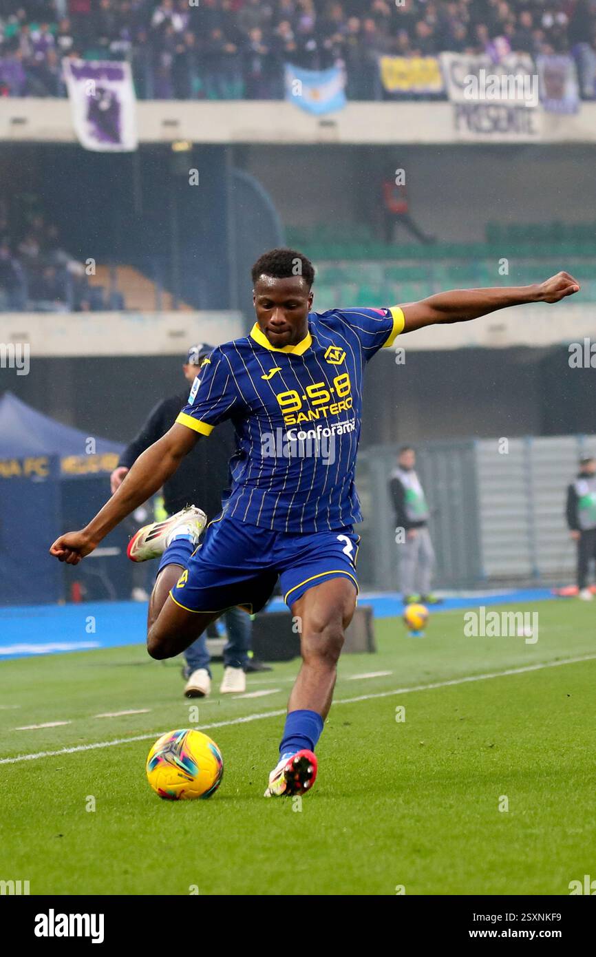 Verona, Italia. 23rd Feb, 2025. Verona's Daniel Oyegoke during the ...