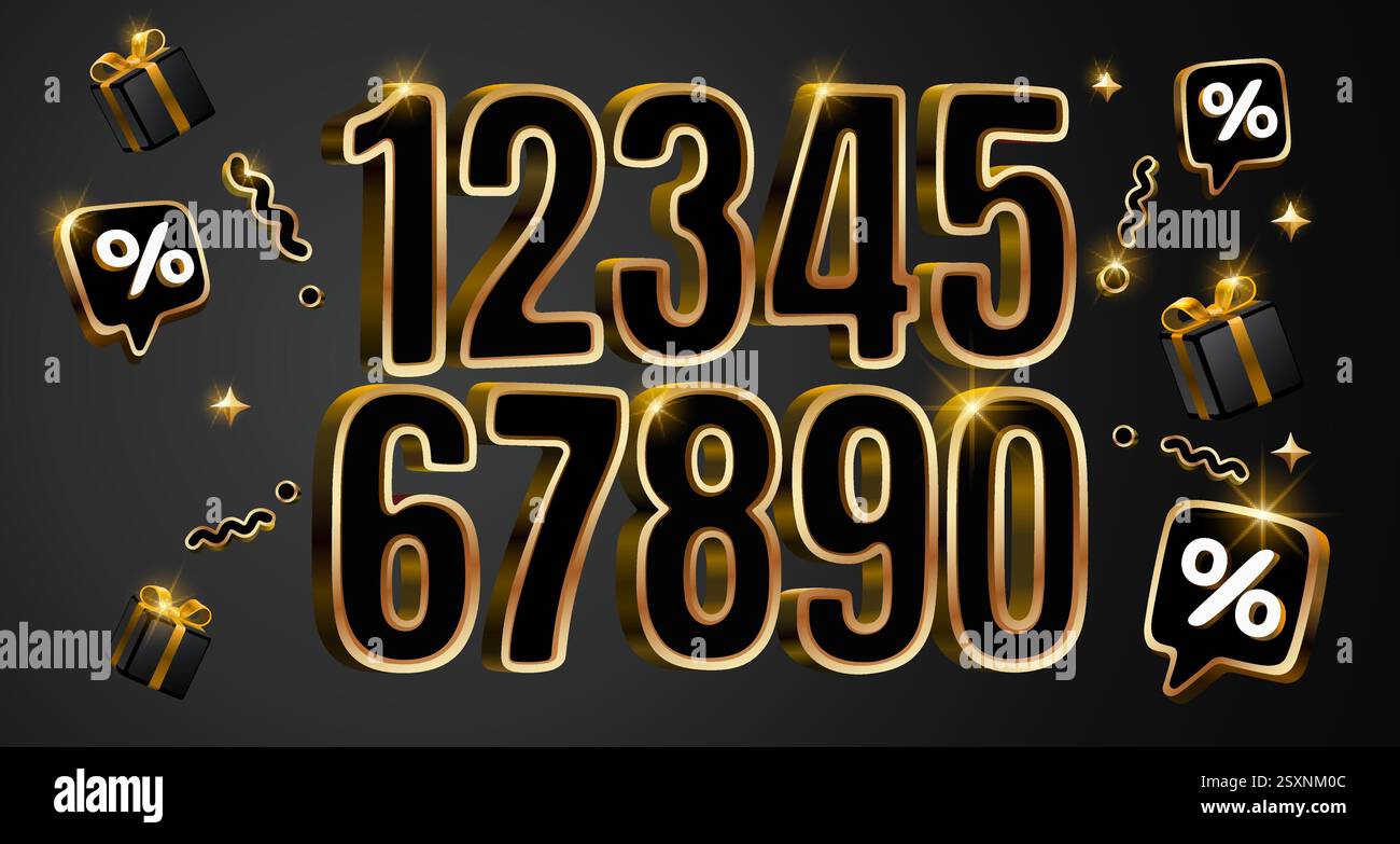 golden collection of numbers, volumetric symbols, set of numbers for ...