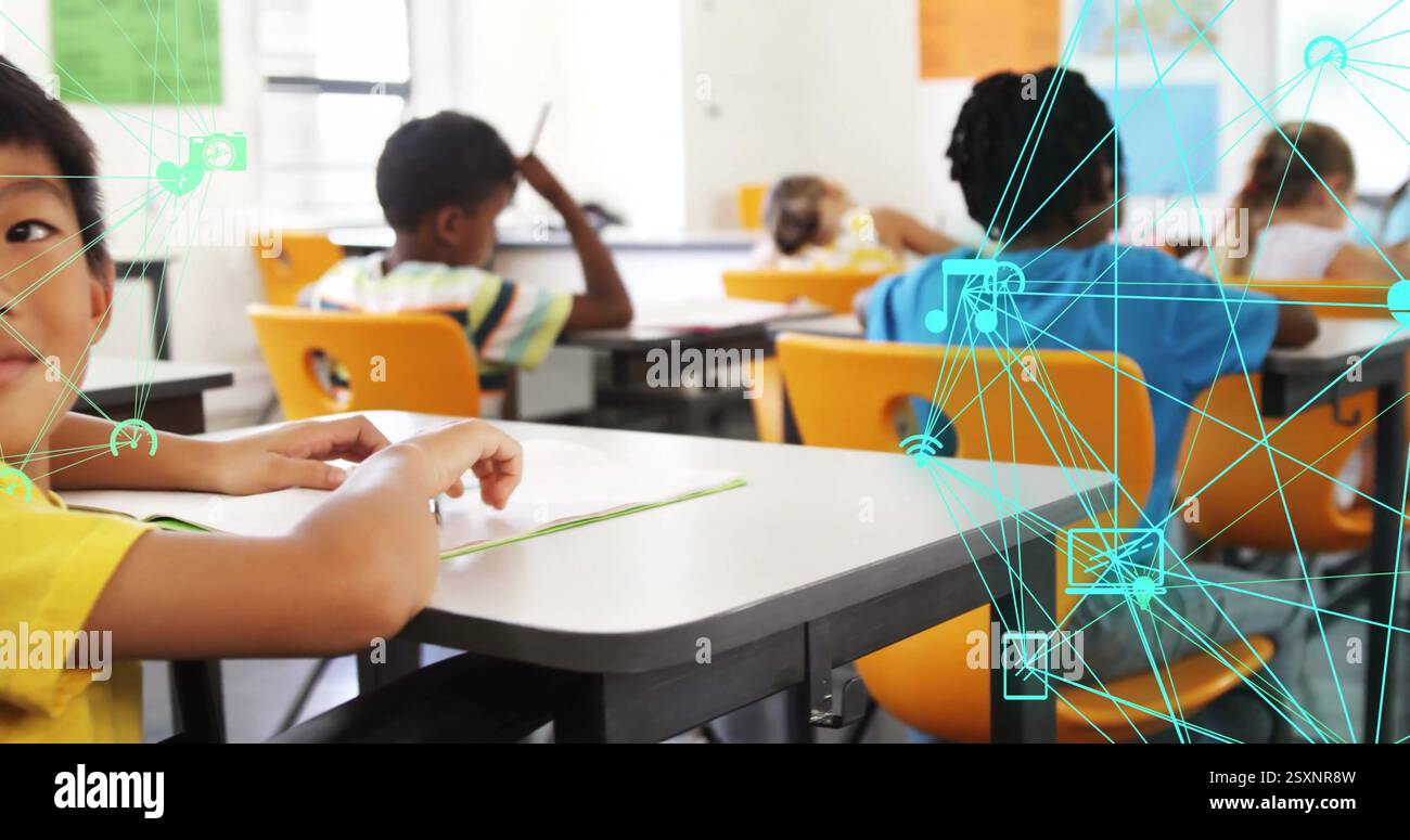 Network of connections and data processing image over students in classroom Stock Photo - Alamy