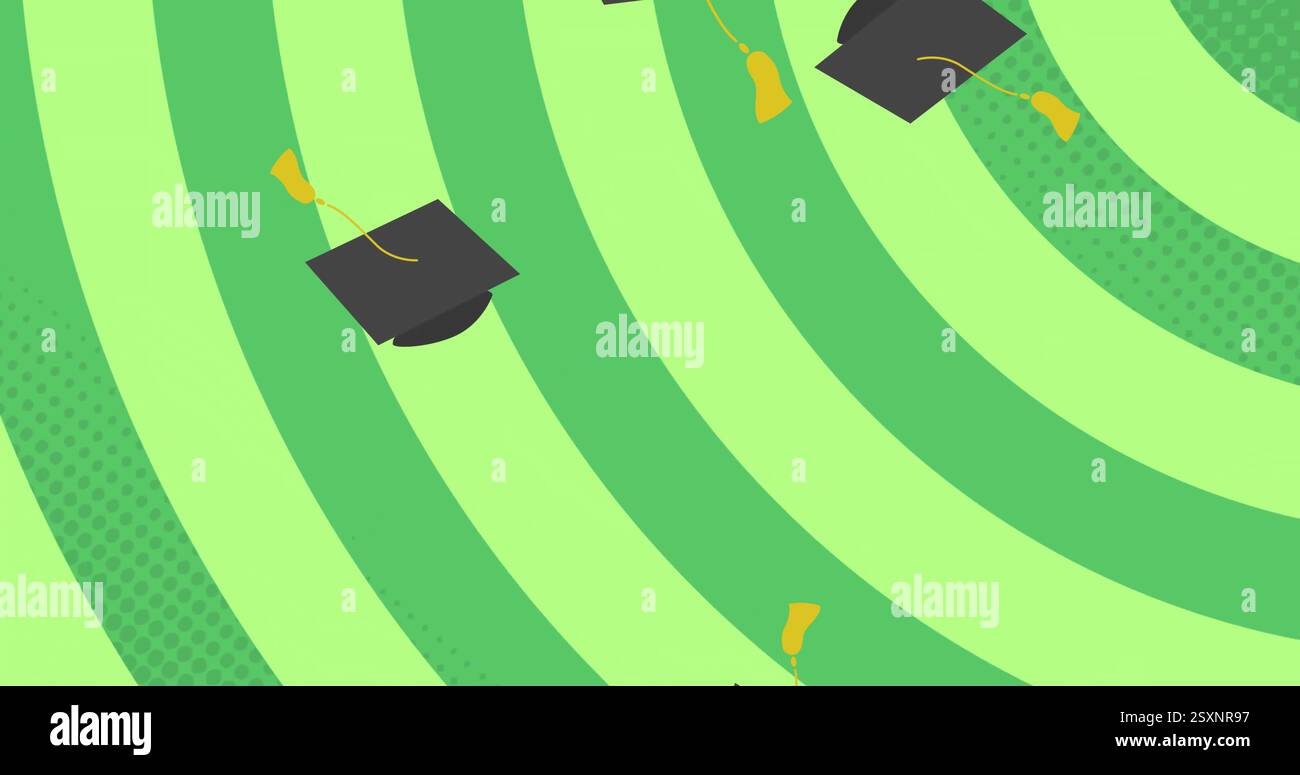 Graduation caps with tassels image over green spiral background Stock ...