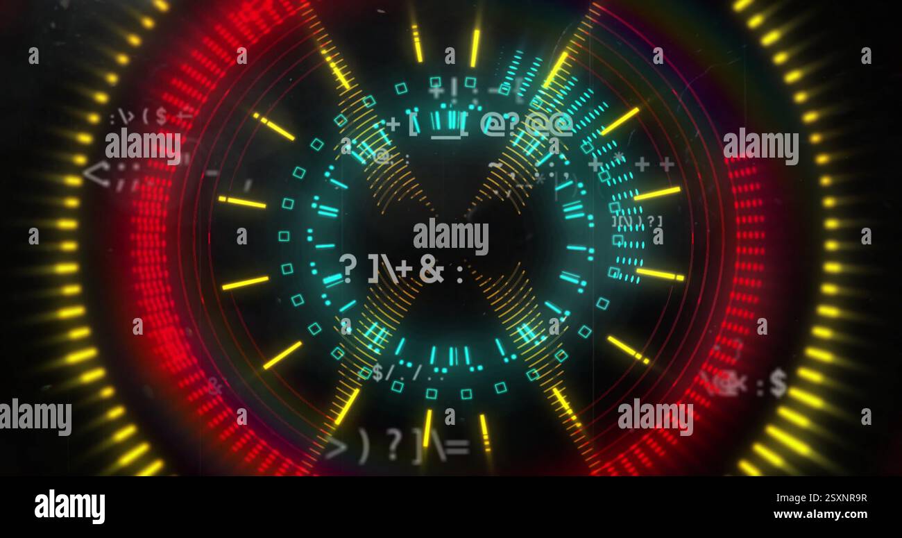 Circular digital interface with glowing symbols and data processing image Stock Photo - Alamy