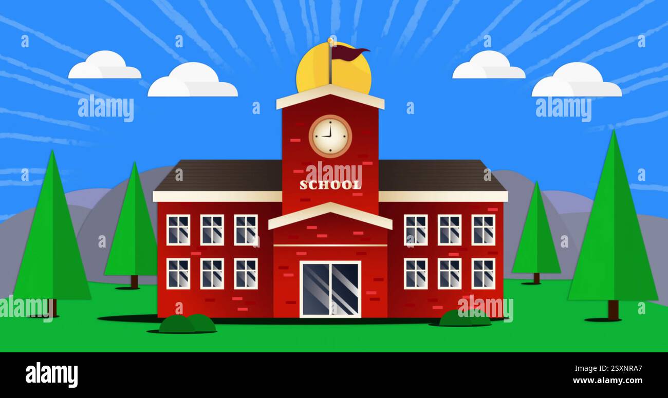 Red brick school building with clock and flag, educational image Stock ...