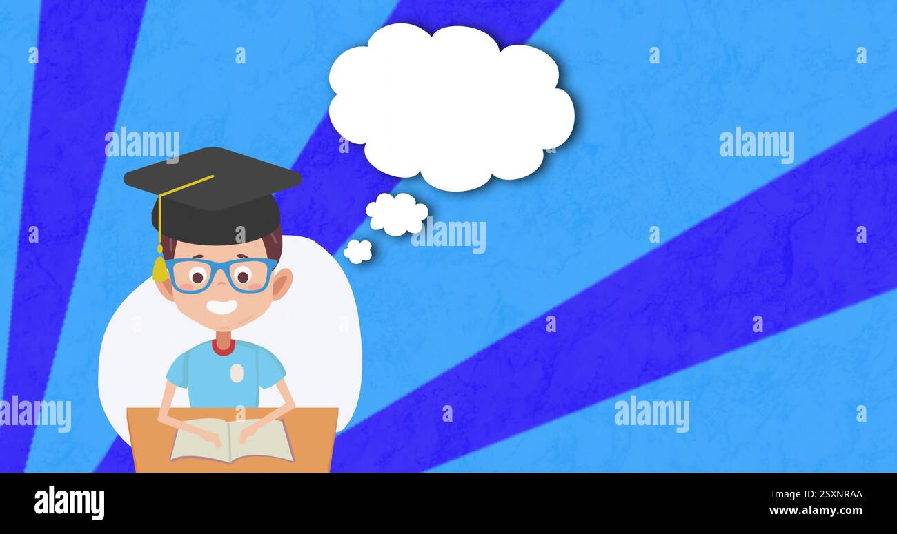 Graduation cap and thought bubbles image over cartoon student reading ...