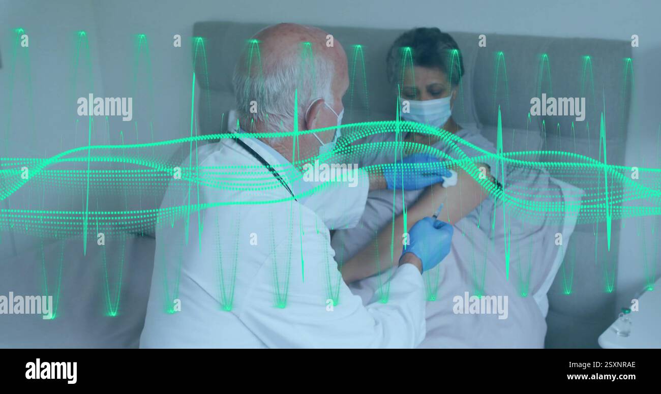 Medical data processing image over doctor examining patient in hospital ...