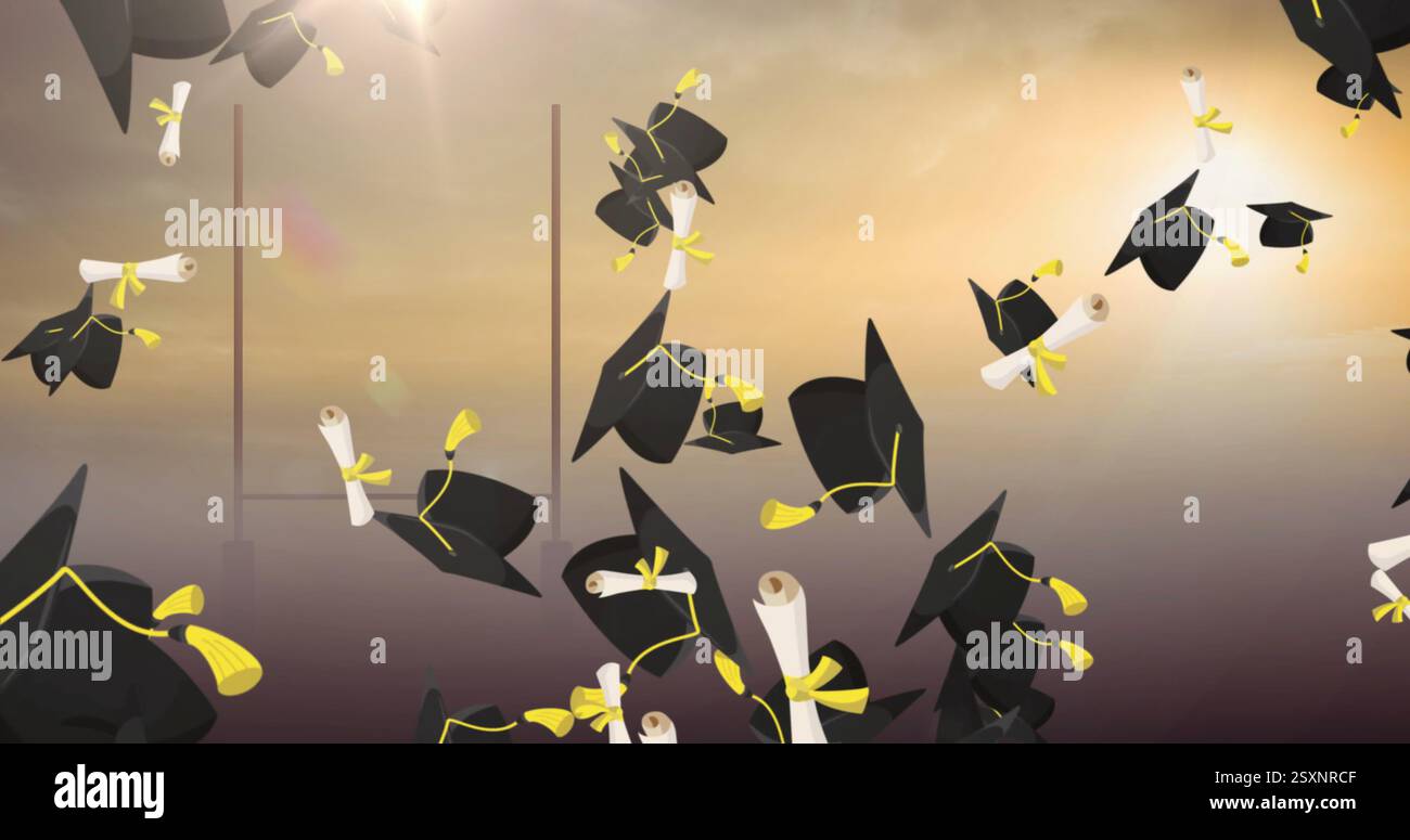 Graduation caps and diplomas image over sunset background Stock Photo ...
