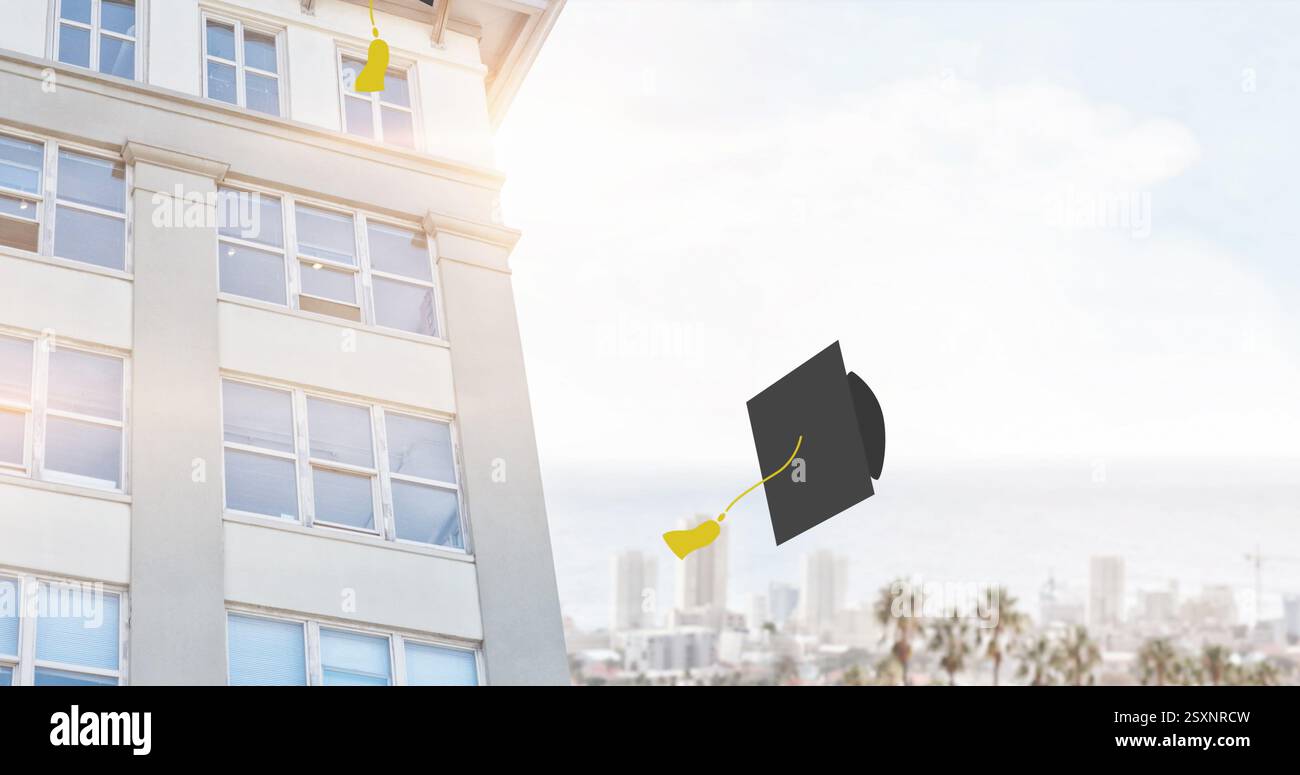 Graduation caps image over cityscape and building background Stock ...