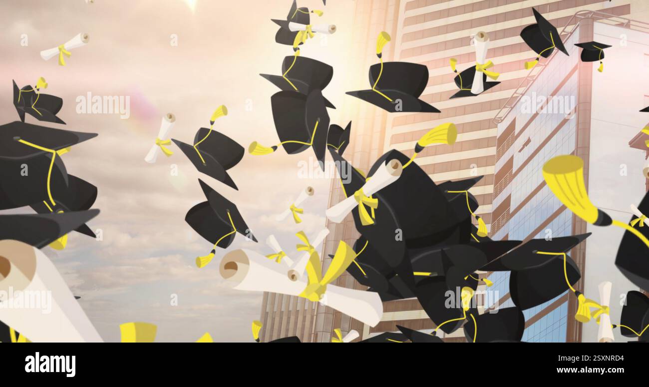 Graduation caps flying in air, celebration image over cityscape ...