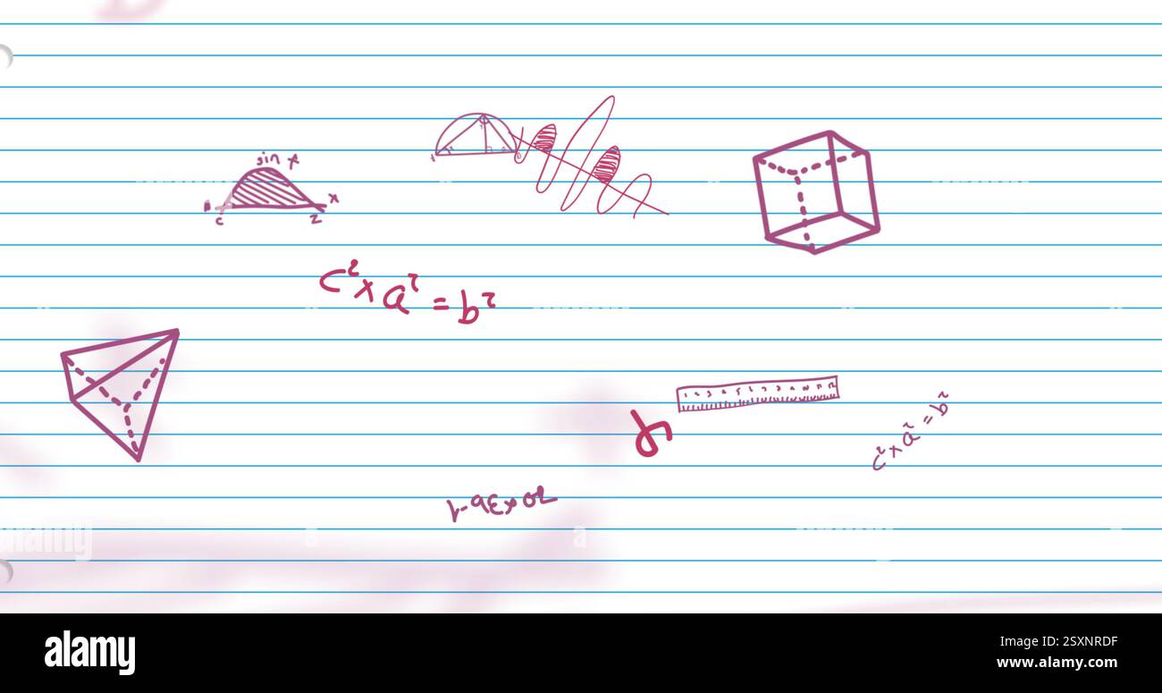 Geometric shapes and mathematical equations image over watercolor ...