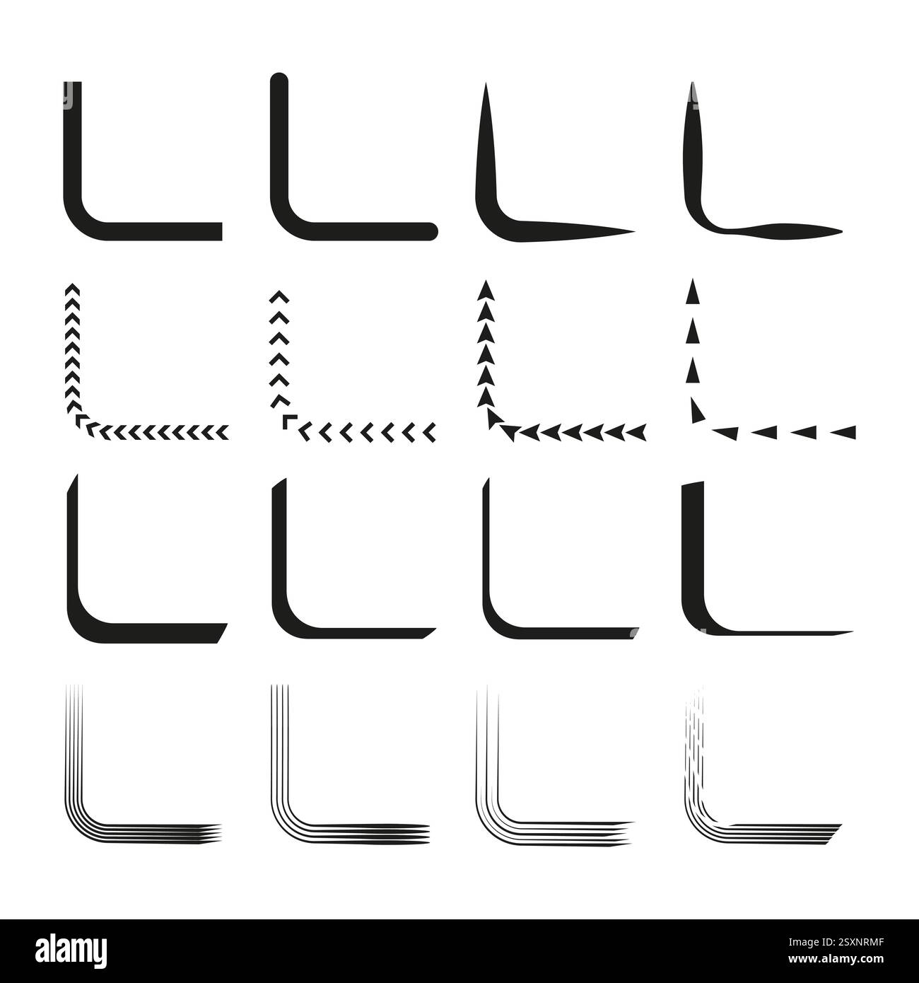 Abstract corner shapes. Black curved edges. Geometric angular lines. Minimalist arrow symbols ...