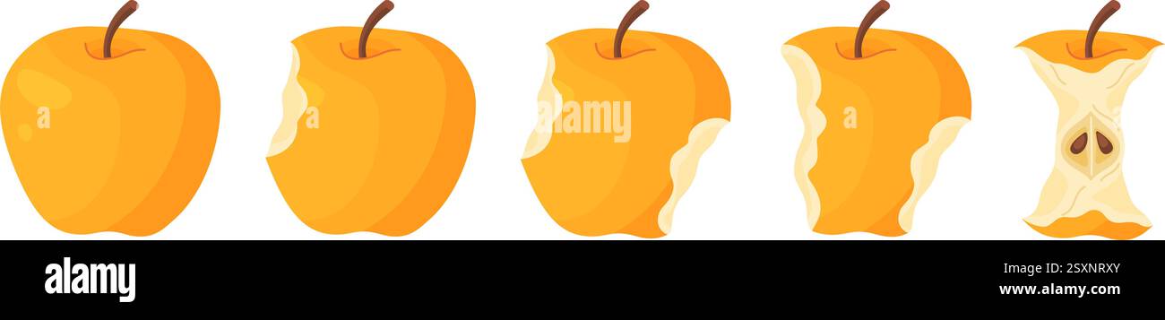 Yellow juicy apple eating steps icon set. Stages of biting ripe apple ...