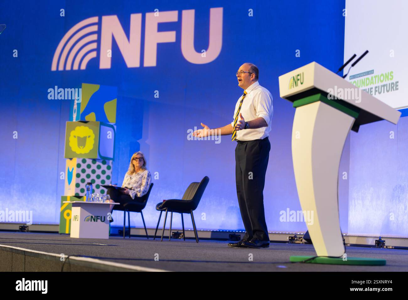 London, UK. 25 FEB, 2025. Tom Bradshaw, president of the NFU, speaks at ...