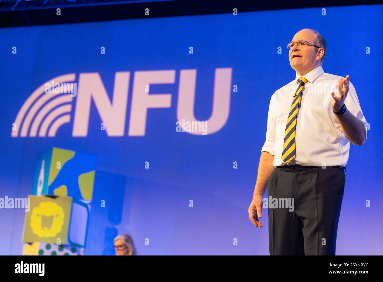 London, UK. 25 FEB, 2025. Tom Bradshaw, president of the NFU, speaks at ...