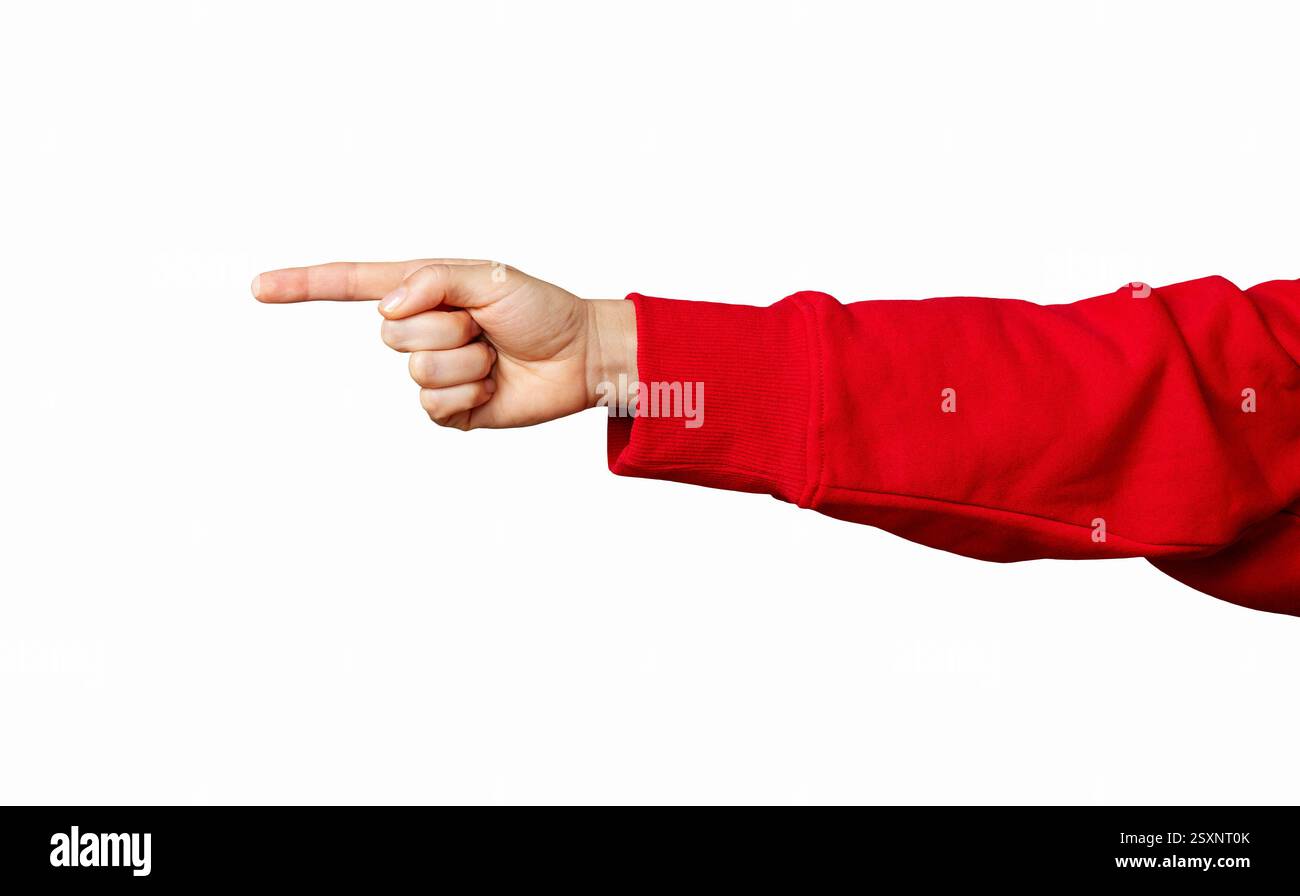 Woman's hand in a red sleeve pointing forward with her index finger ...