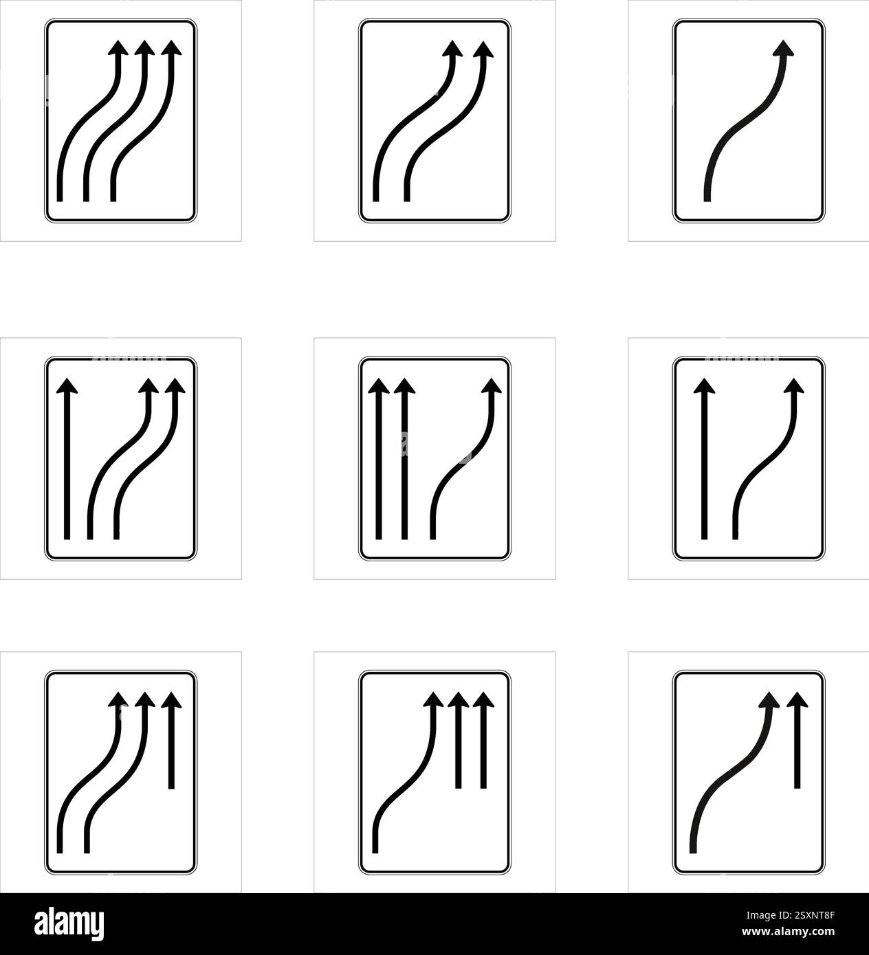 Nine variations of added lane road signs indicating merging traffic and ...