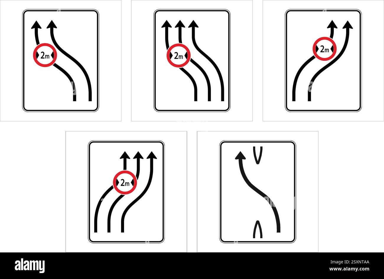 Set of square road signs indicating lane merging, diverging, and width ...