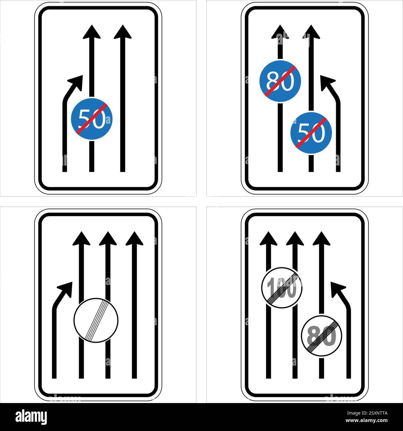 Four road signs showing different speed limits and end of speed limits for each lane Stock ...