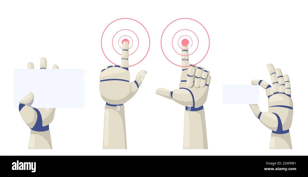 Robot hands holding white visit cards. Finger pushing button ...