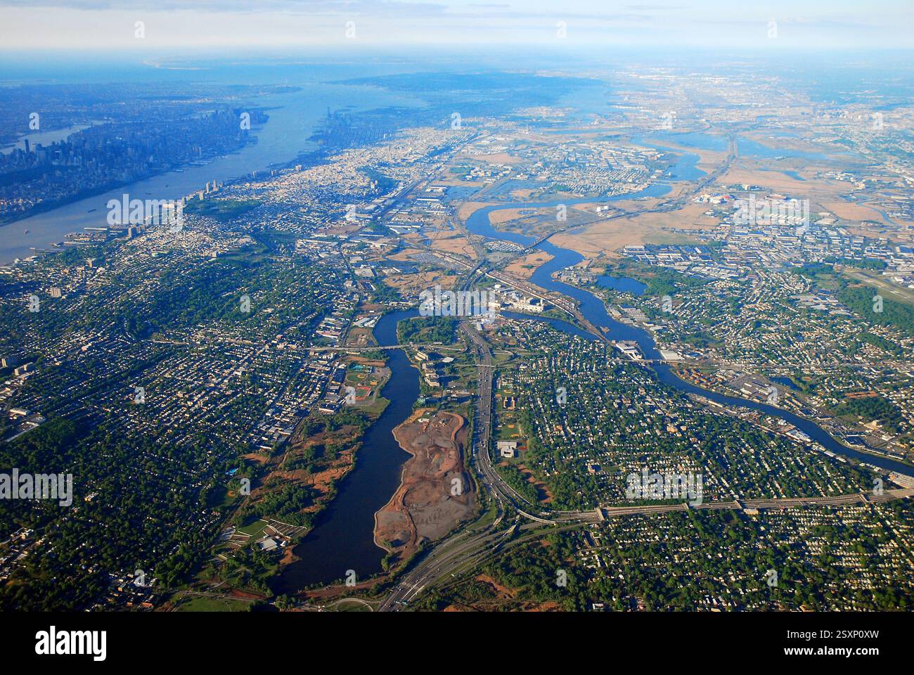 An Aerial of Manhattan and the New Jersey suburbs show the dense ...
