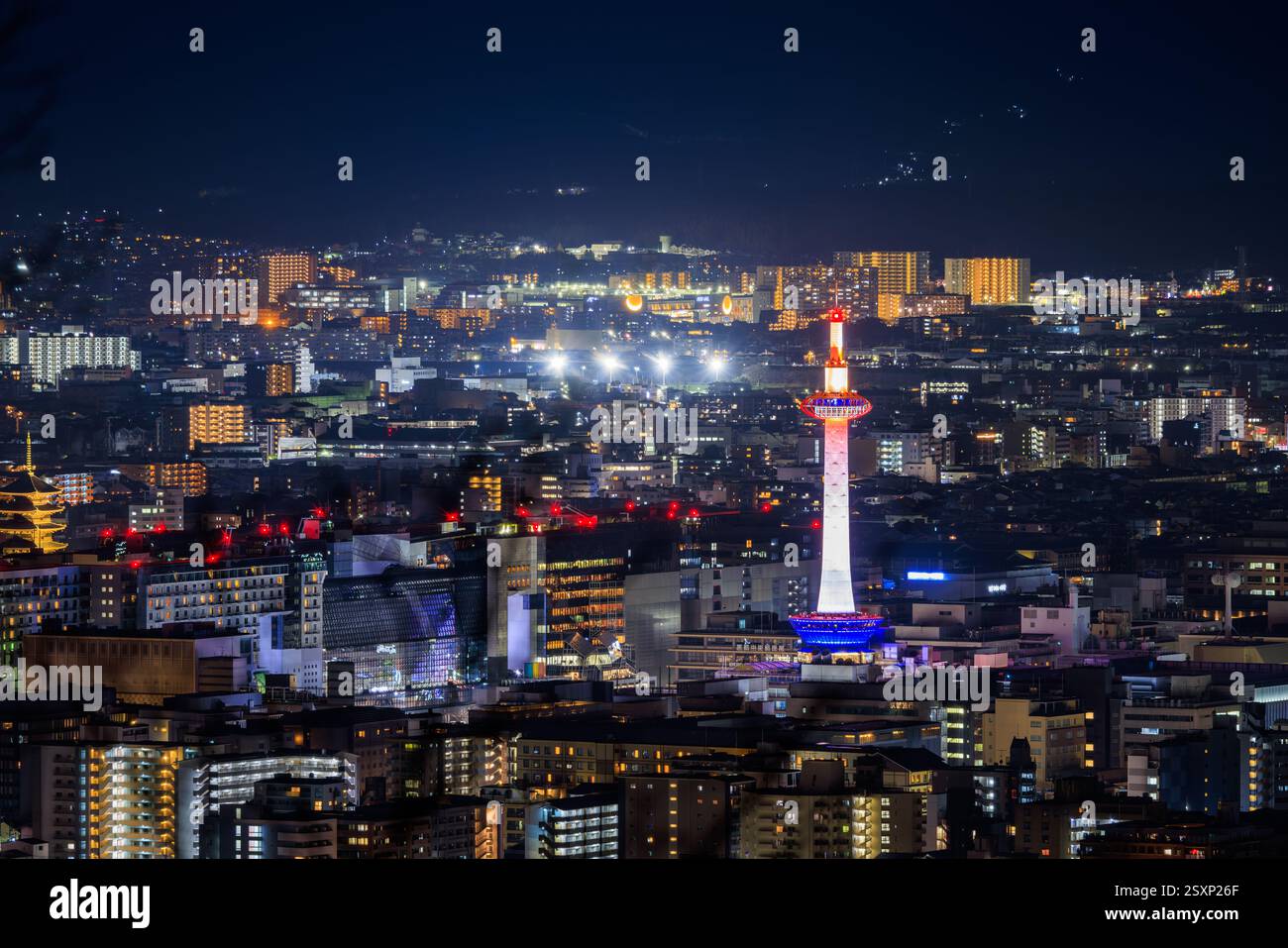 Nightscape view of Japanese city center with lights from modern ...