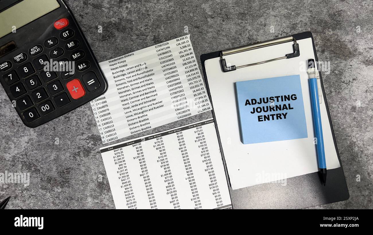 Concept of Adjusting Journal Entry write on sticky notes isolated on ...
