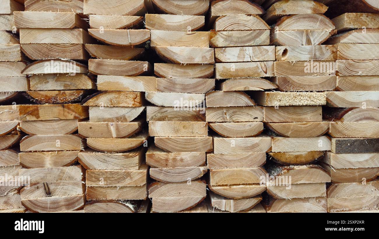 Beautifully arranged cut wooden logs organized in a neat and uniform ...