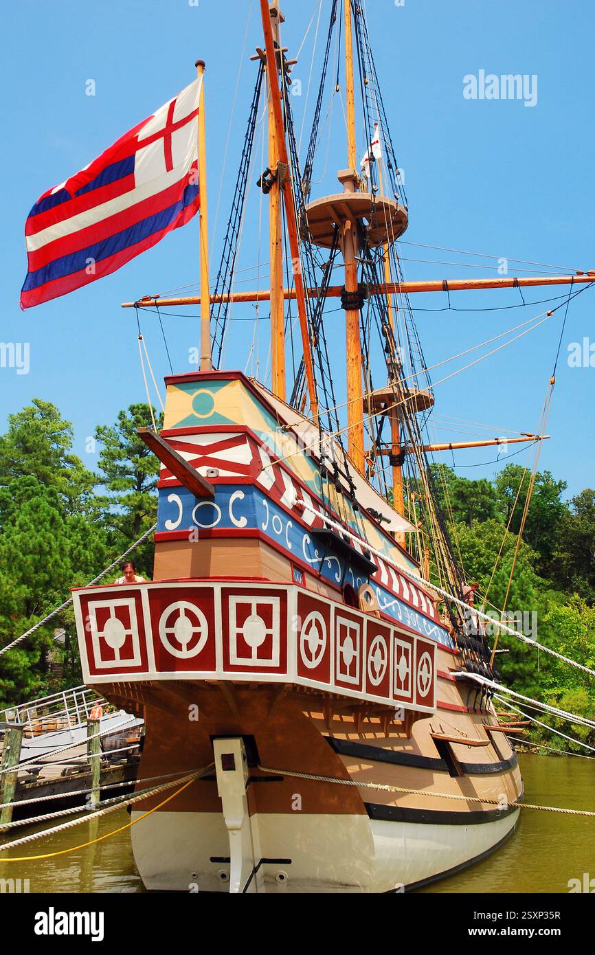 A replica of the ship Susan Constant is moored at a dock in Jamestown ...