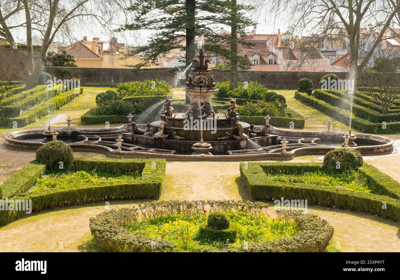 The Fountain of the Forty Jets surrounded by topiary in the Ajuda ...