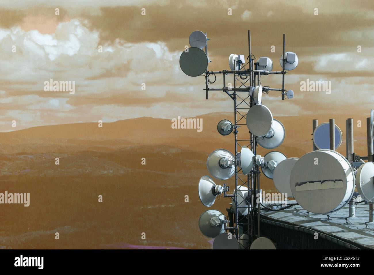 Bunch of transmitters and aerials on telecommunication tower Stock Photo - Alamy