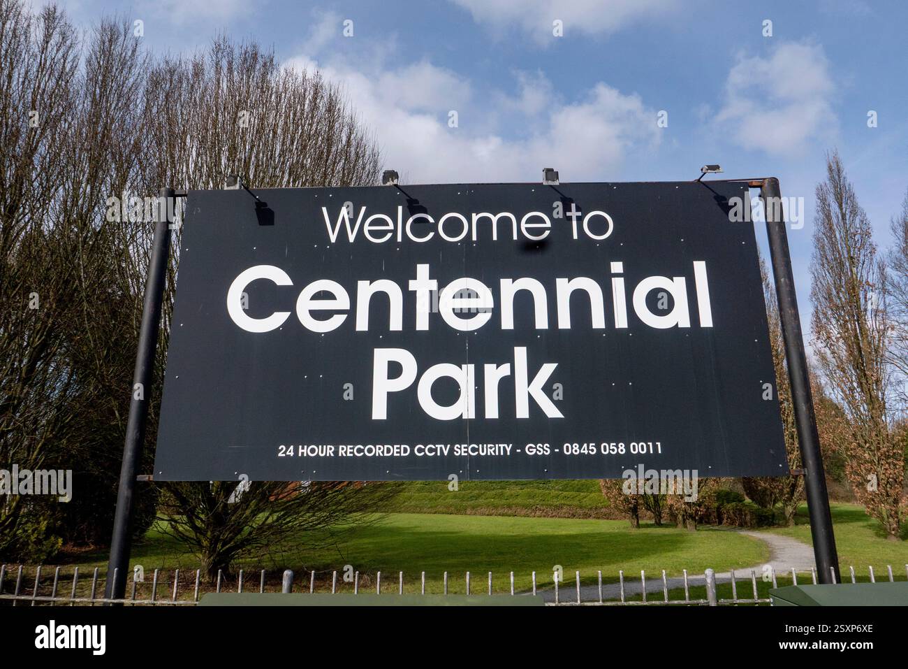 A sign saying 'Welcome to Centennial Park' in Elstree, Borehamwood ...