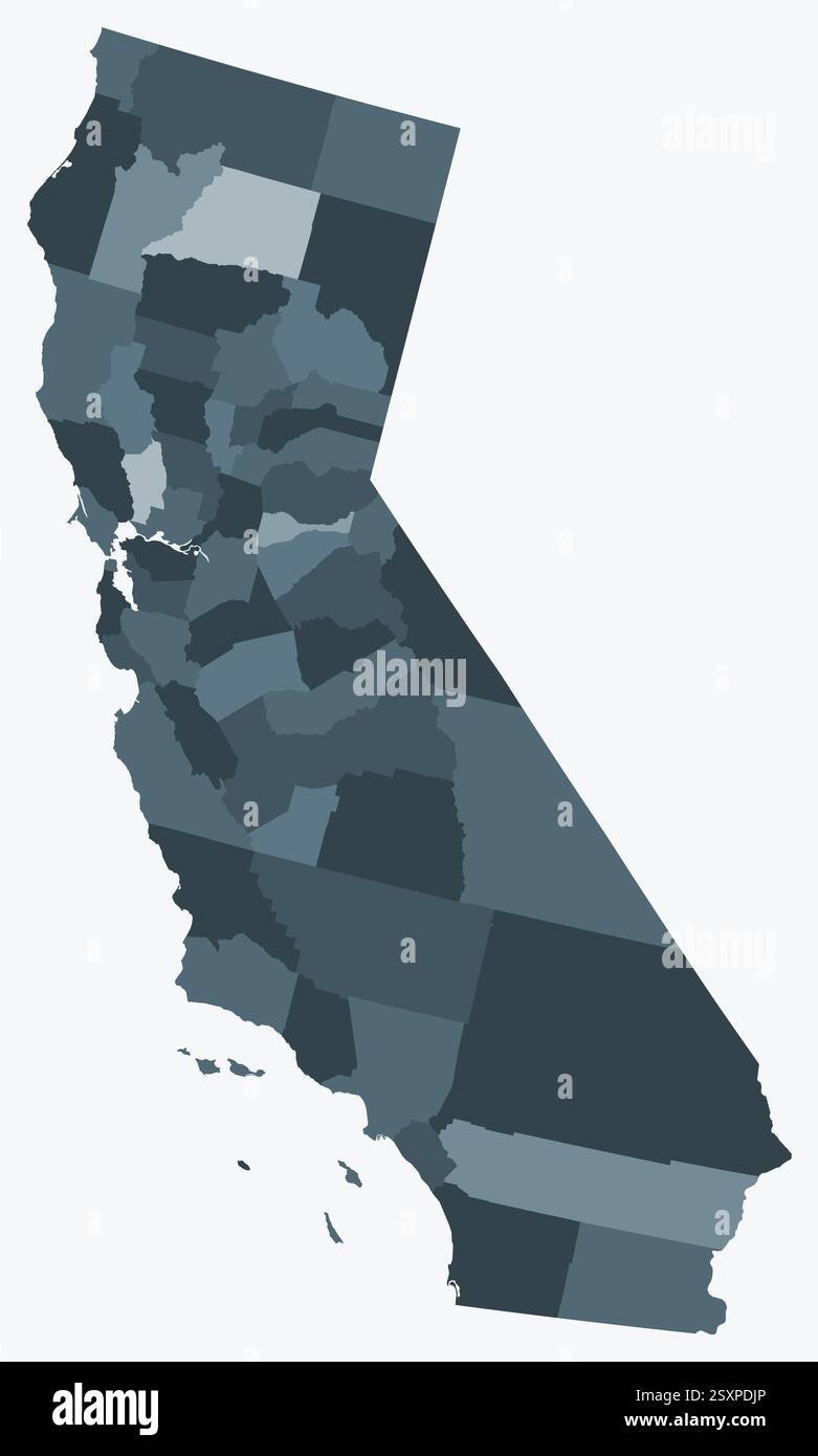 Map of California with counties. Just a simple state border map with county division. Blue grey ...