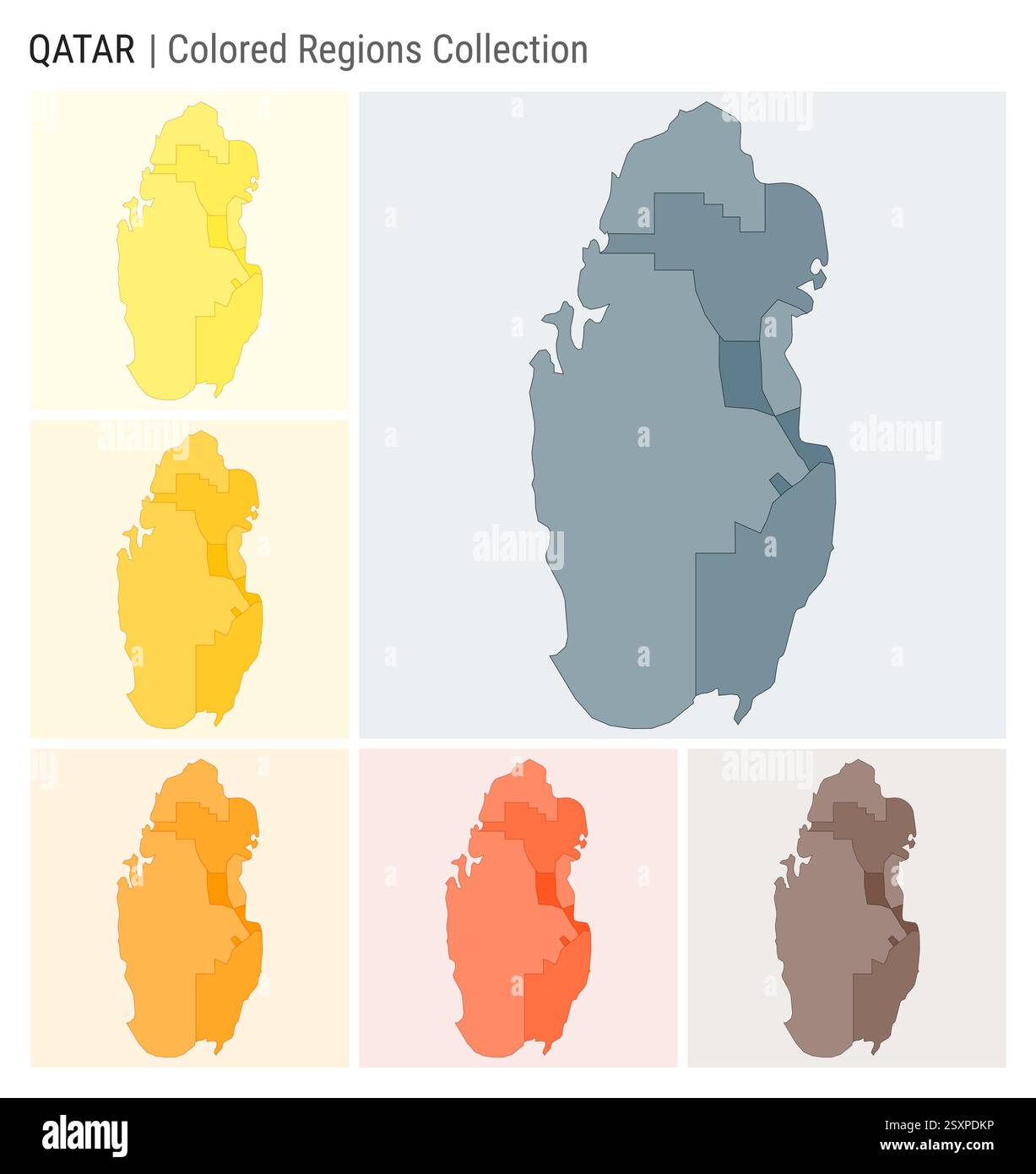 Qatar map collection. Country shape with colored regions. Blue Grey ...
