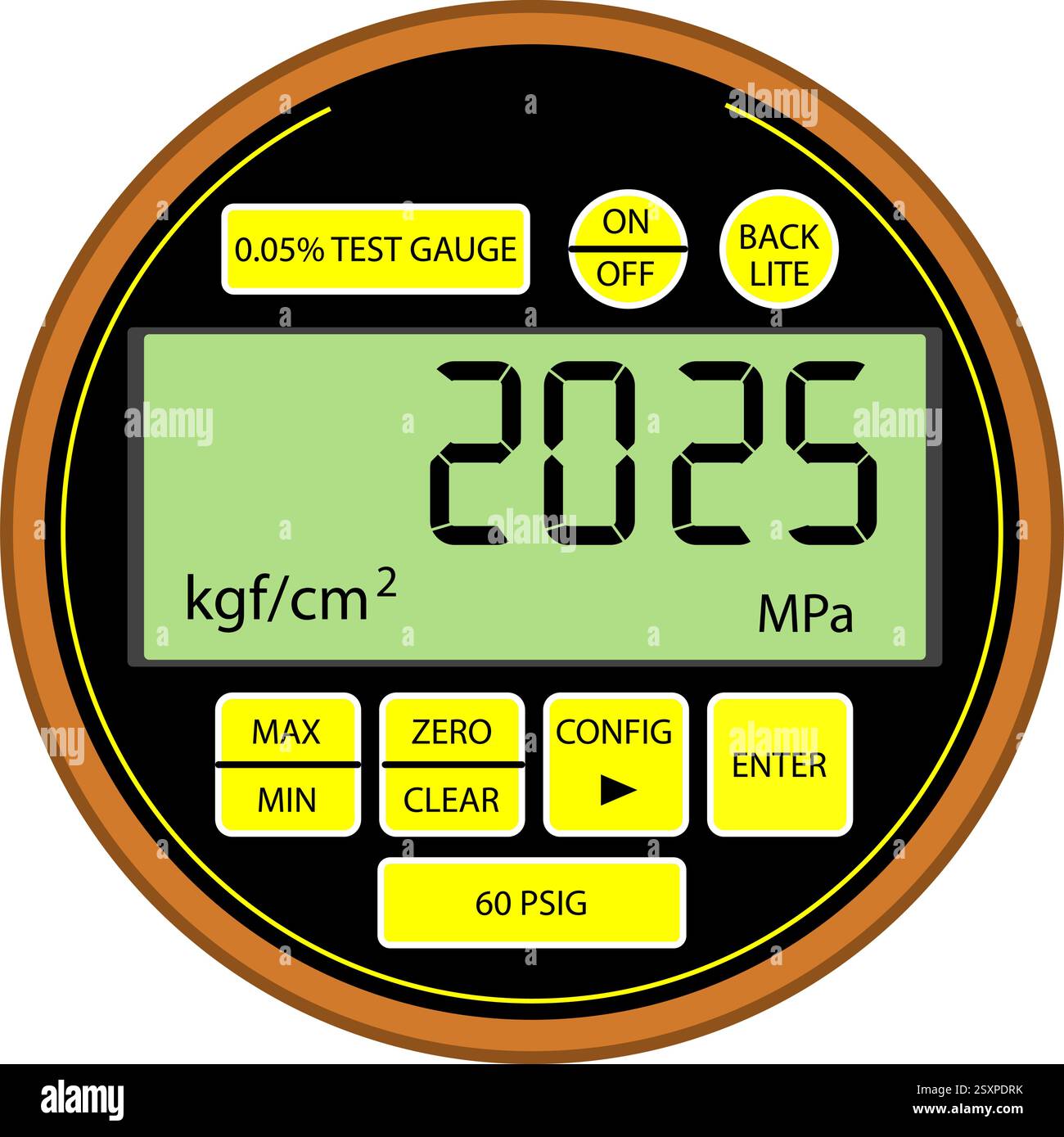 Modern digital gas pressure gauge with new year 2025 number on white ...
