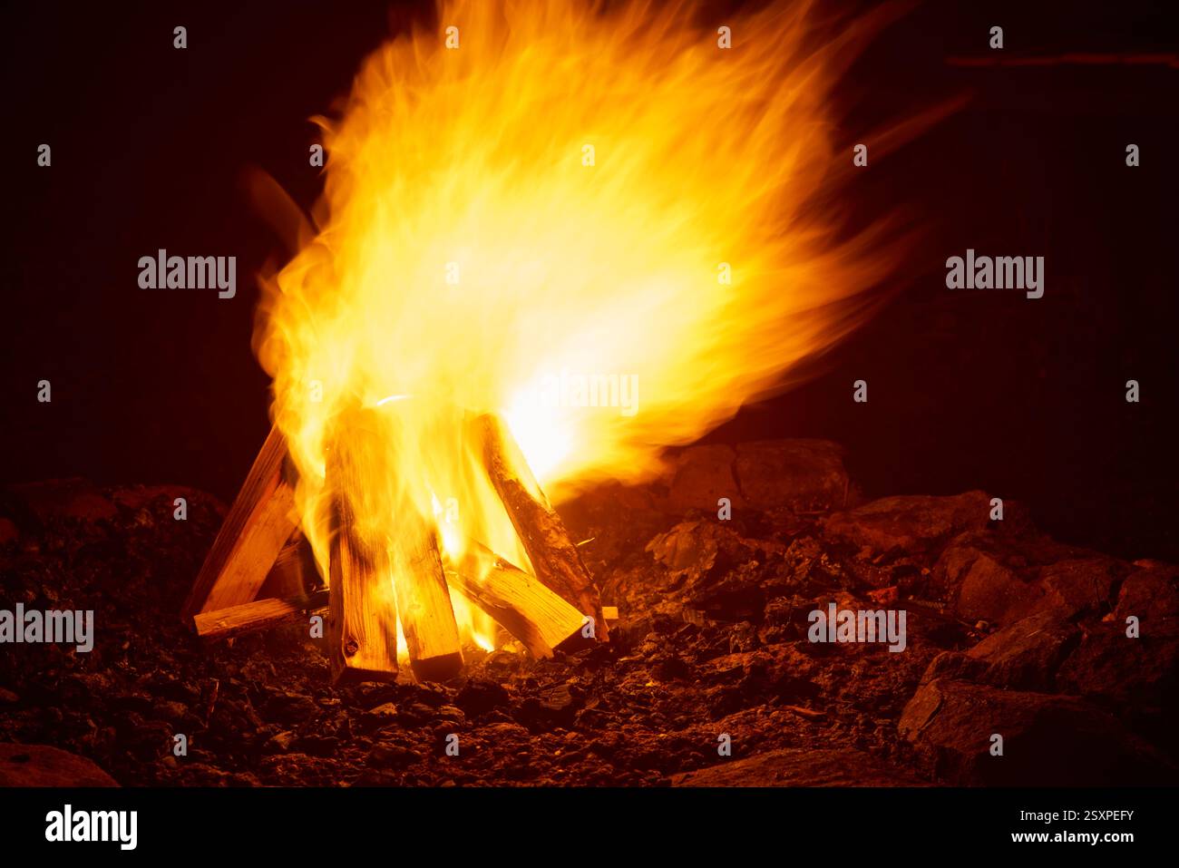 Mesmerizing campfire scene capturing intense orange flames rising from ...