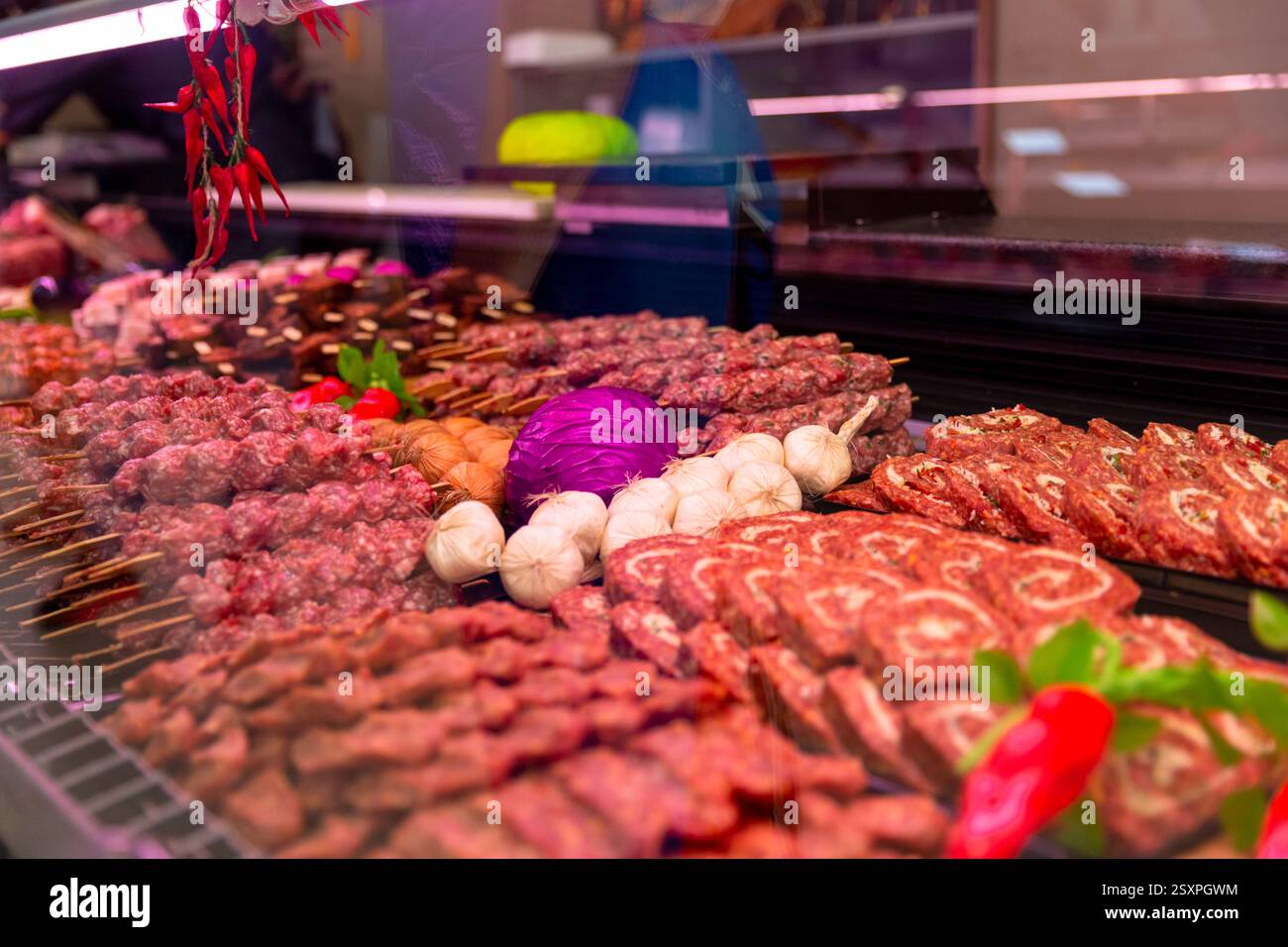 Traditional turkish raw kebab in a window shop for sale. Turkish ...