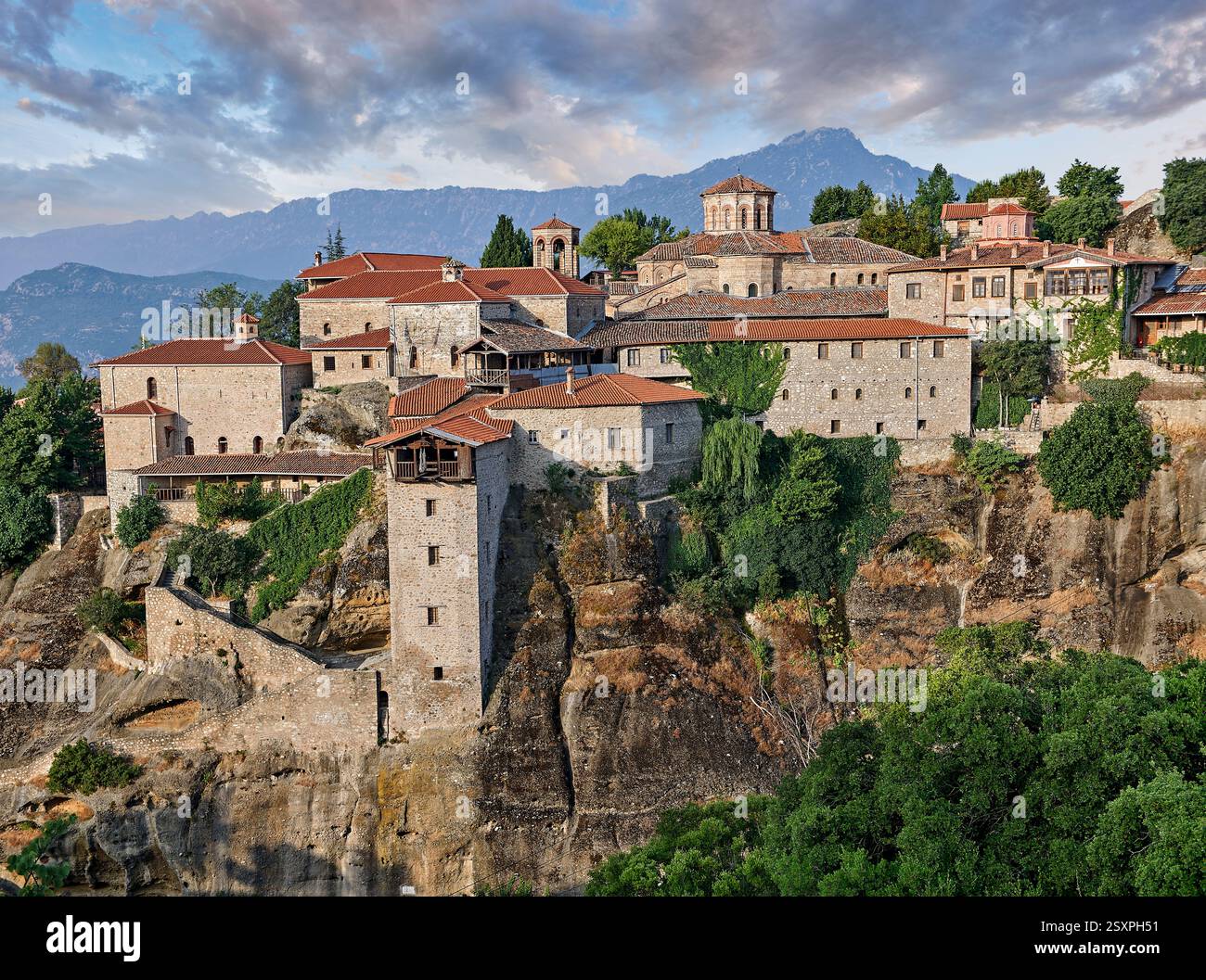 Medieval Meteora Monastery of Great Meteoron on top of a rock pillar in ...